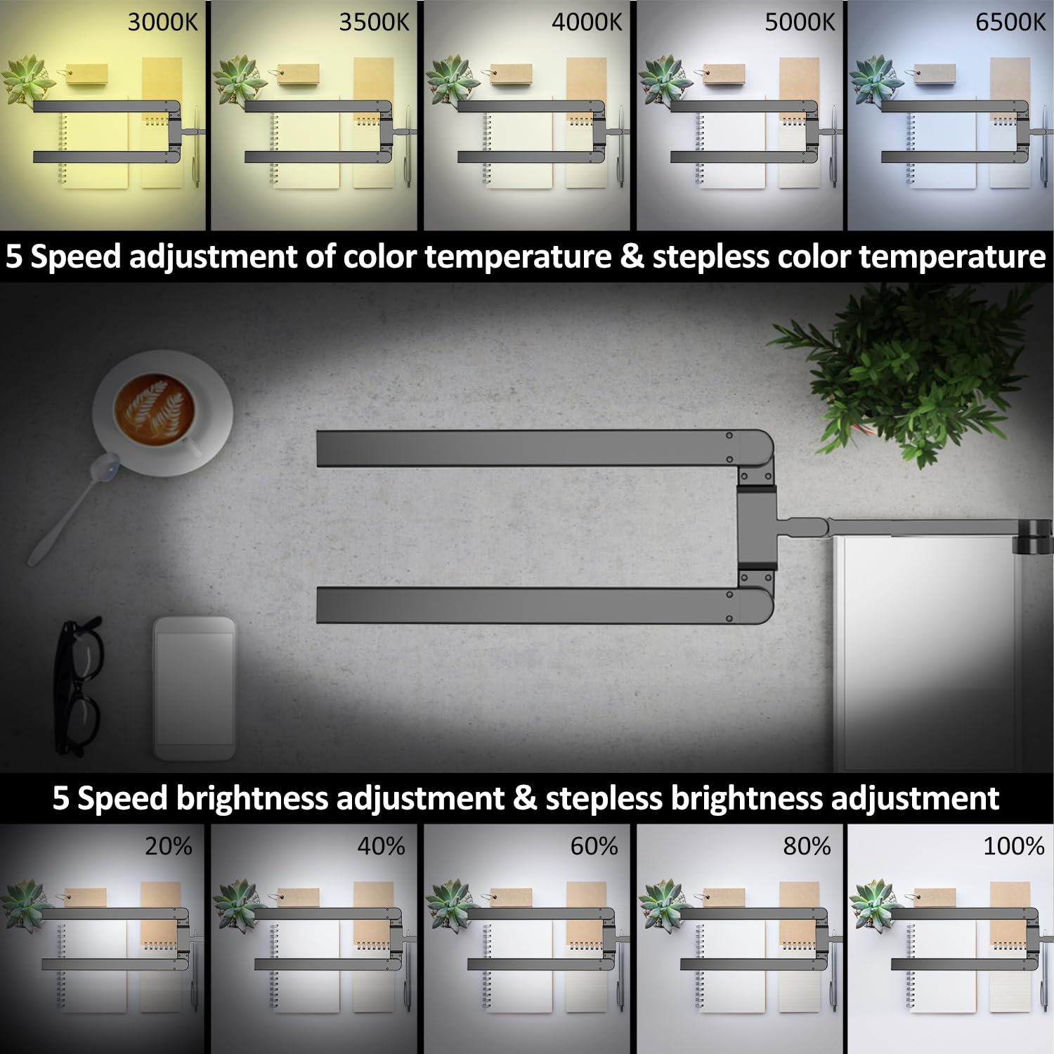 Niulight Transformable LED Desk Lamp, 37.4" Architect Desk Light with Clamp, 3 Light Bars for Home Office, 24W Ultra Bright Auto Dimming 5 CCT Modes & 5 Brightness Levels Table Light for L Shaped Desk