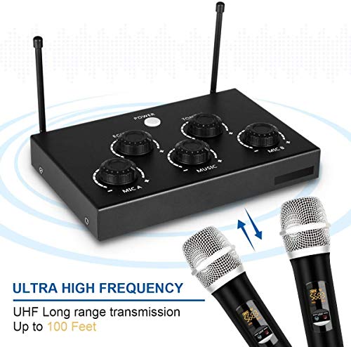 Portable Karaoke Microphone Mixer System Set with Dual UHF Wireless Mic, 3.5mm AUX/Optical/Coaxial in Singing Receiver for KTV, Amplifier, Speaker