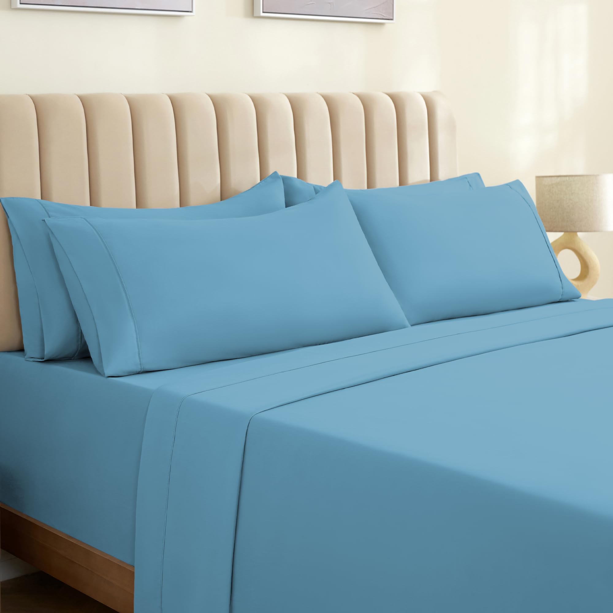 LuxClub 6 PC Full Size Sheet Set Sheets Deep Pockets 18" Eco Friendly Wrinkle Free Cooling Sheets Machine Washable Hotel Bedding Silky Soft - Denim Full