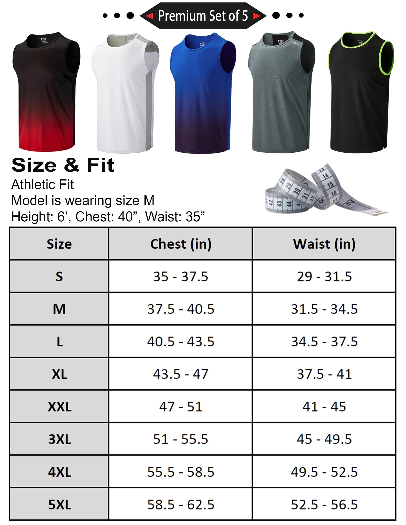 Liberty Imports Pack of 5 Men's Stretch Cool Dry Muscle Tank Tops Athletic Crewneck Sleeveless Workout Shirts (Black/White/Gray/Gradient Red/Gradient Blue, Medium)