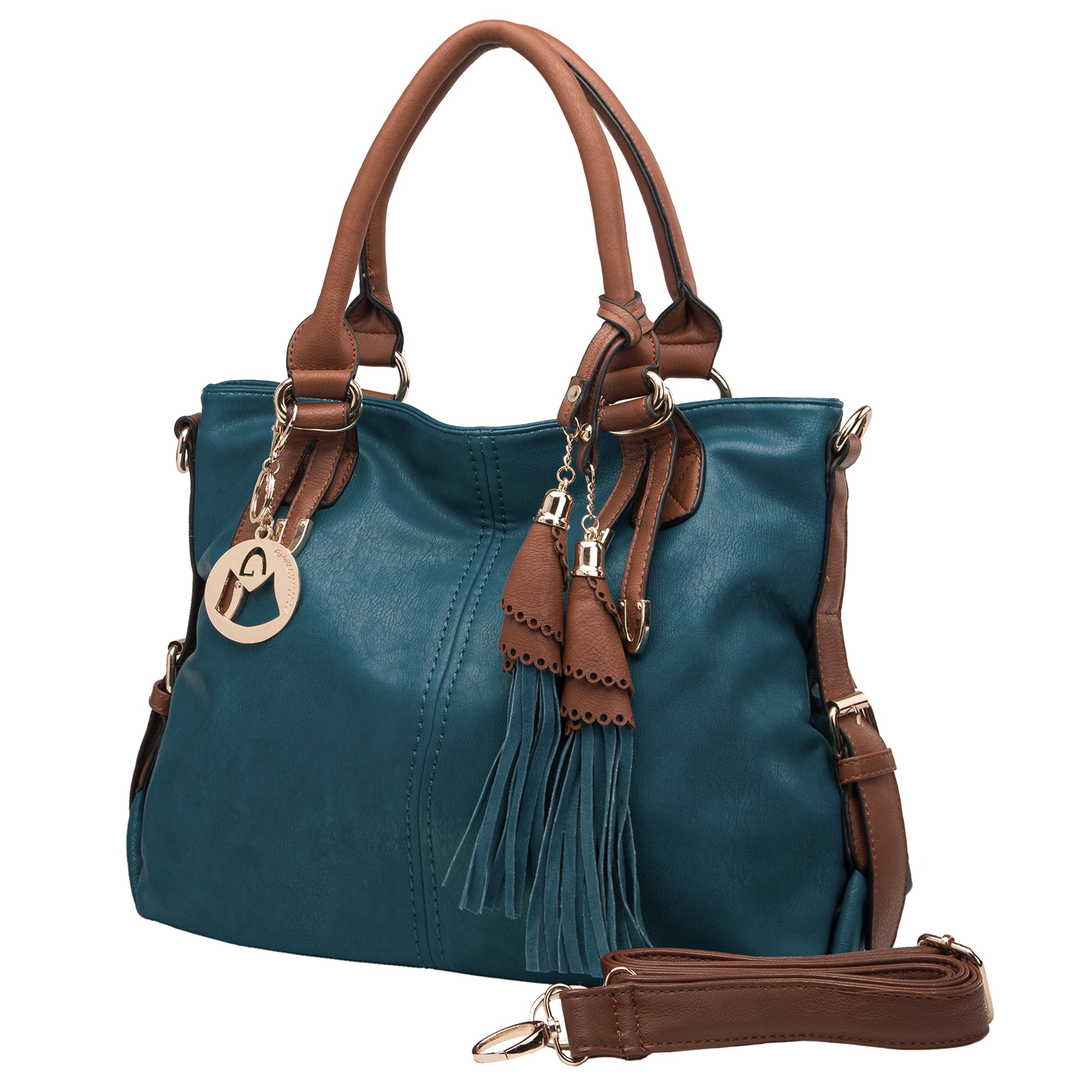 MG Collection THALIA Handbag for Women, Dark Teal Leatherette Purse with Top Handle, Shoulder Straps and Decorative Tassel