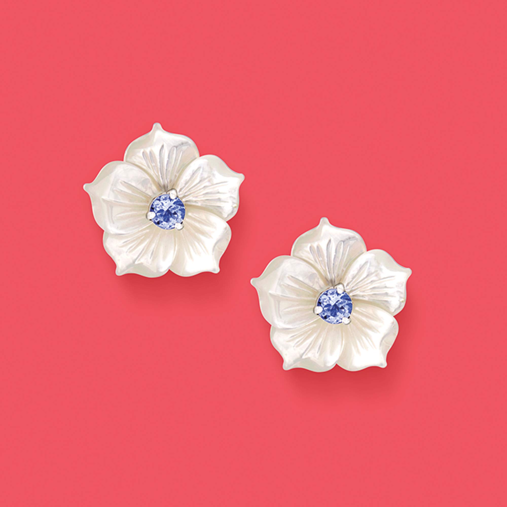Ross-Simons Mother-Of-Pearl and .50 ct. t.w. Tanzanite Flower Stud Earrings in Sterling Silver