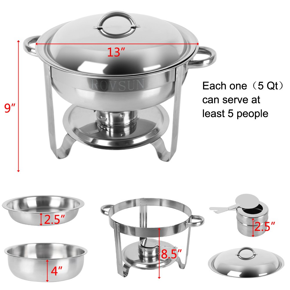 ROVSUN 5 Qt 2 Packed Full Size Stainless Steel Chafing Dish Buffet Set, NSF Silver Round Catering Warmer Set with Food and Water Trays, Mirror Cover, Thick Stand Frame for Kitchen Party Banquet