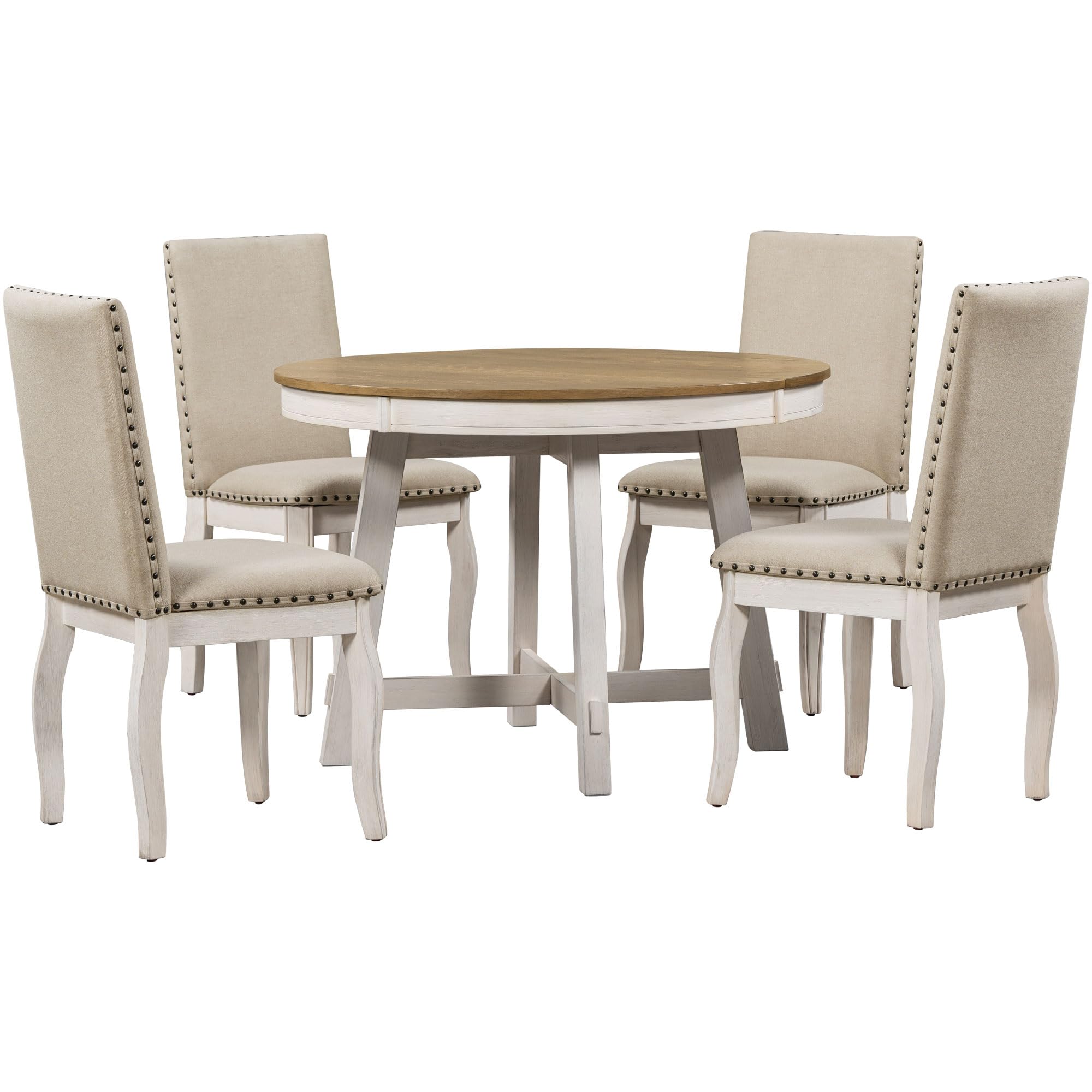 Merax Dining Table Set for 4, Wood Round Extendable Dining Table and 4 Upholstered Dining Chairs, Oak Natural Wood+Antique White
