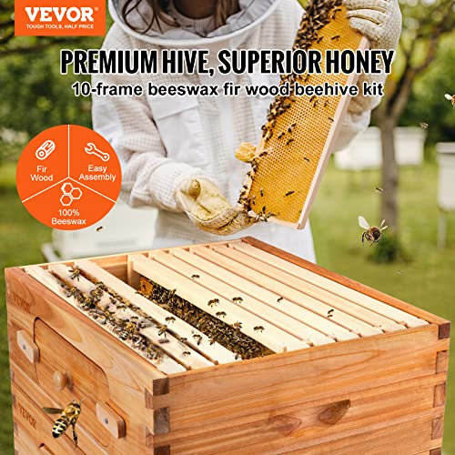 VEVOR Bee Hive, 10 Frame Complete Beehive Kit, Dipped in 100% Natural Beeswax Includes 2 Deep Brood & 2 Medium Honey Super Boxes with Waxed Foundations, for Beginners & Pro Beekeepers, 4 Layer