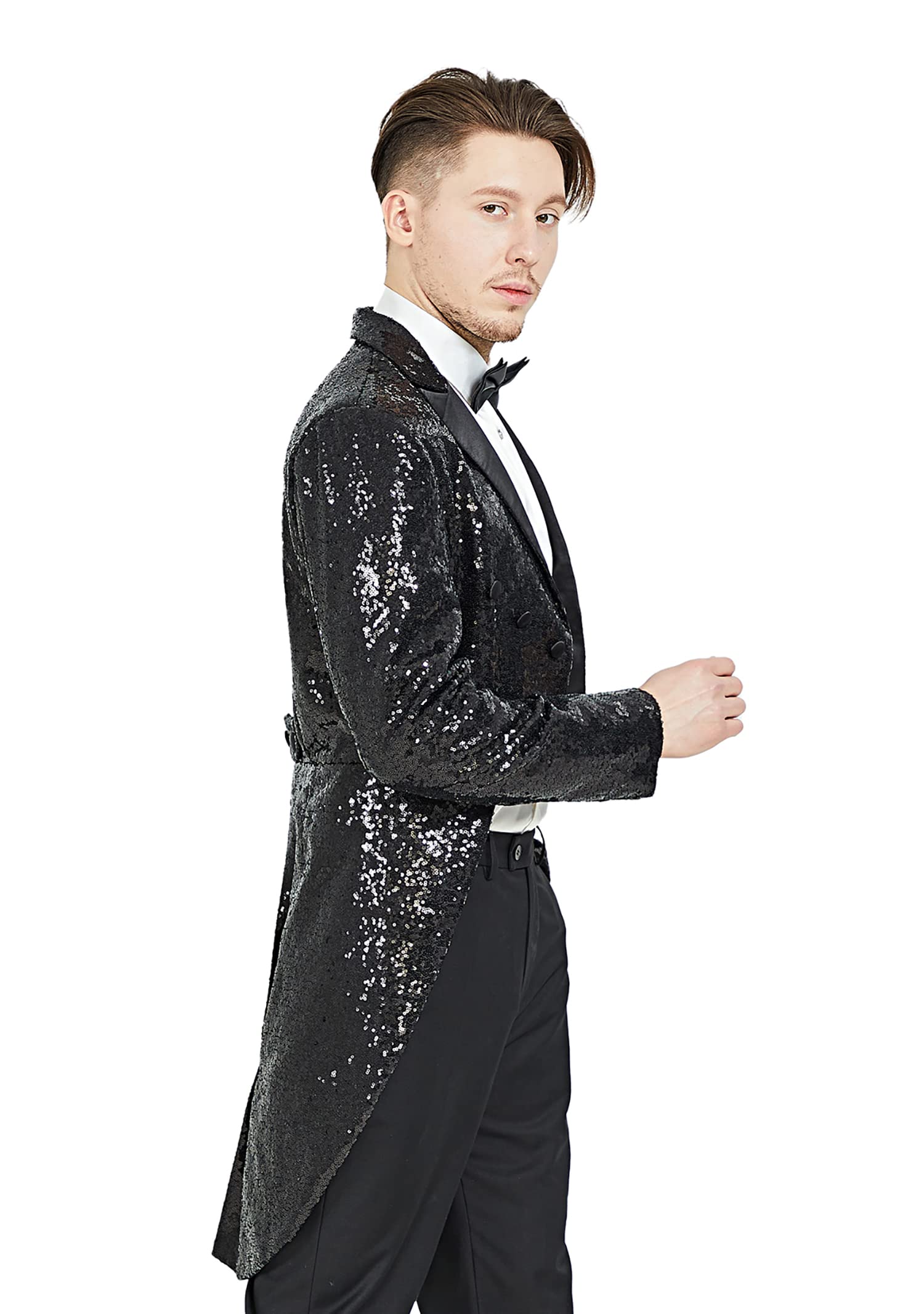 MAGE MALE Mens Sequin Tuxedo Jacket Tails Slim Fit Tailcoat Dress Coat Swallowtail Dinner Party Wedding Blazer Suit Jacket Black