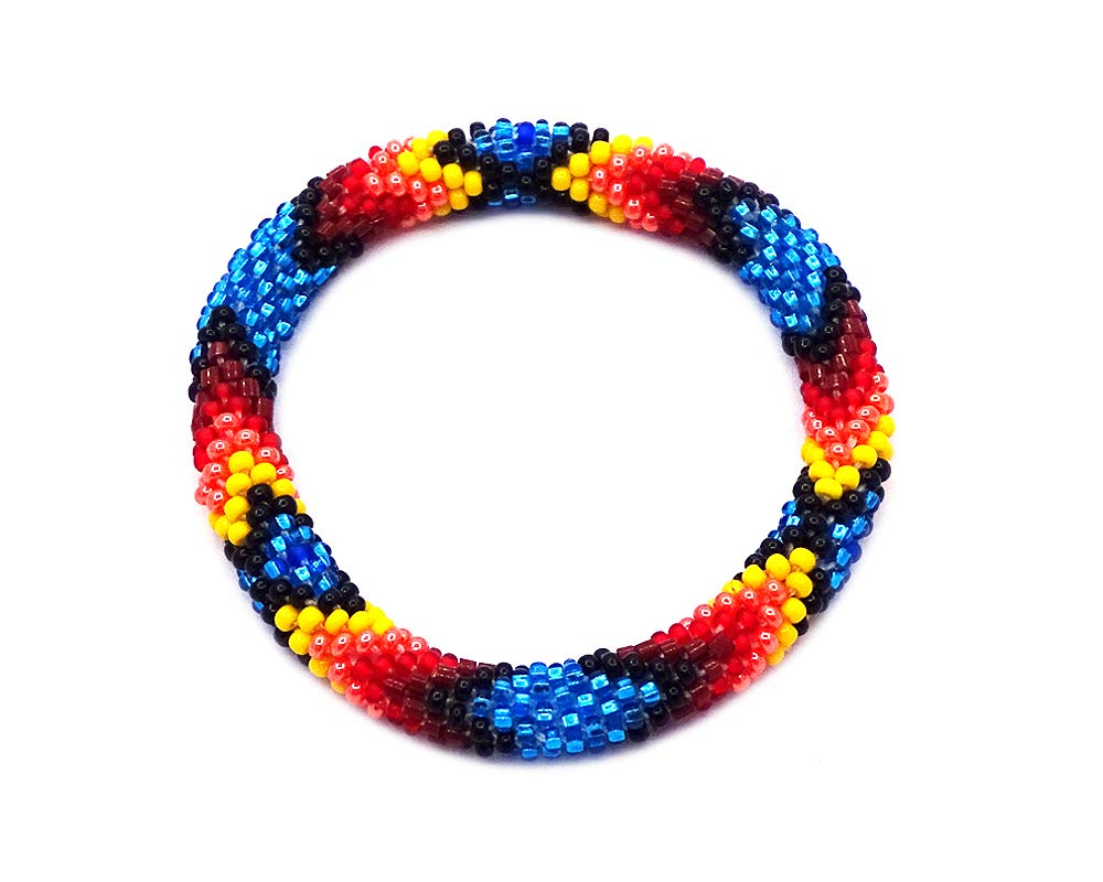 Native American Inspired Tribal Fire Diamond Pattern Guatemalan Czech Glass Seed Beaded One Size Fits All Bangle Bracelet - Womens Fashion Handmade Jewelry Boho Accessories (Light Blue)