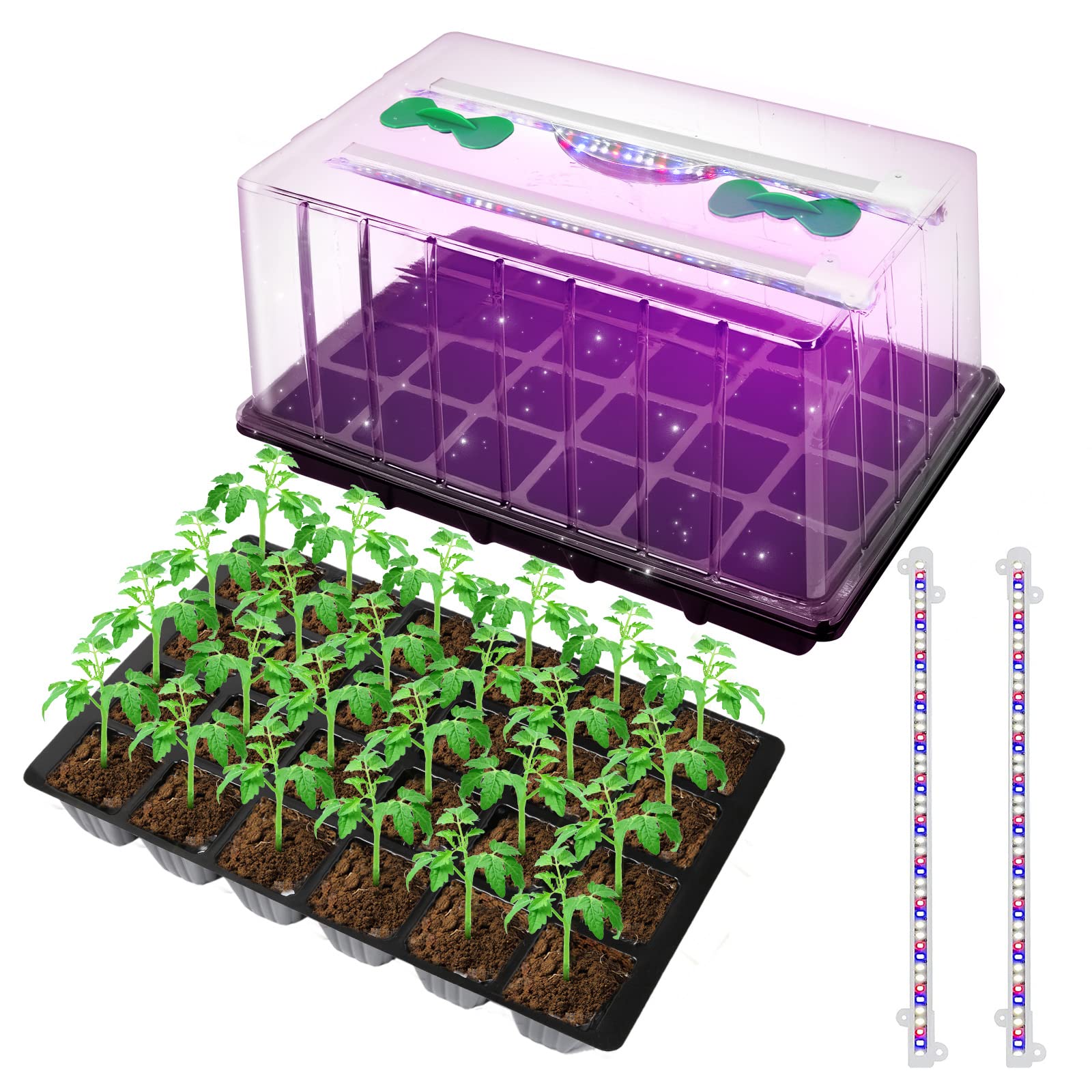 MINEGROW Seedling Starter Trays,2 Packs Seed Starter Tray with Grow Light,Seed Starter Kit with Humidity Dome,Plant Starter Trays for Indoor Plants,Grow Lights for Seed Starting (Large 14.6"*9.5"*6")