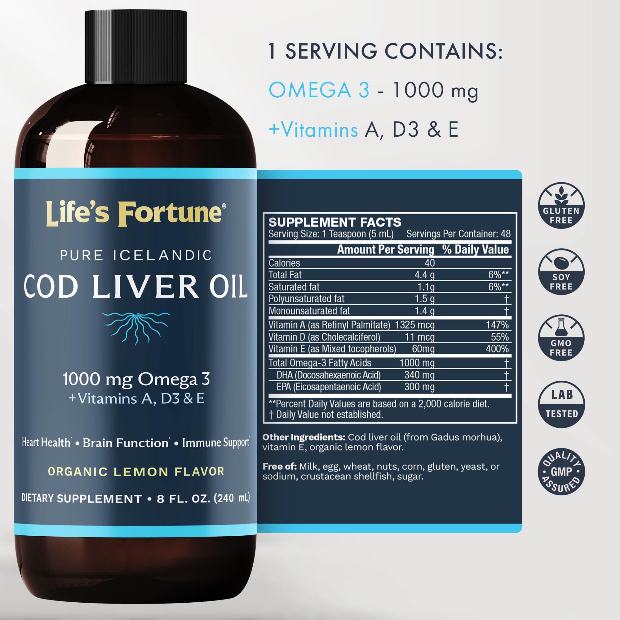Life's Fortune Cod Liver Oil liquid Organic Lemon Flavor (8 Oz) 1,000 mg Omega + Vitamin A, E & D3 - Supports Immune Health - 100% Fish Oil Supplement from Wild Ocean Cod-GMO Free