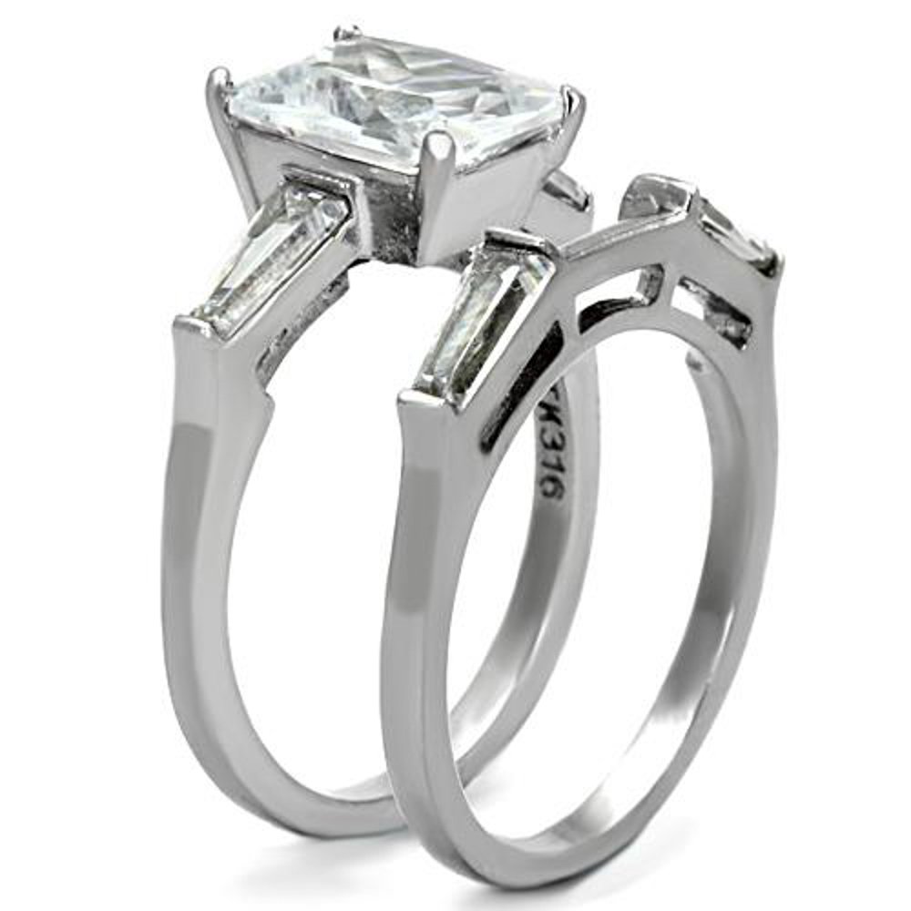 Marimor Jewelry 4.45 Carat Emerald Cut Zirconia Stainless Steel Engagement Wedding Ring Set Size 8
