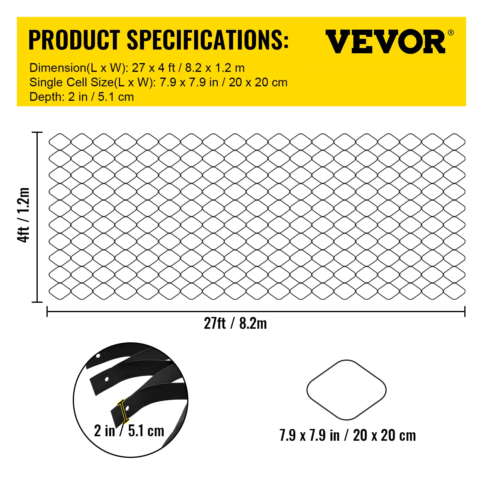 VEVOR Ground Grid 27 ft x 4 ft, 1885 lbs per Sq Ft Load Geo Grid, 2" Depth Permeable Stabilization System for DIY Patio, Walkway, Shed Base, Light Vehicle Driveway, Parking Lot, Grass, and Gravel