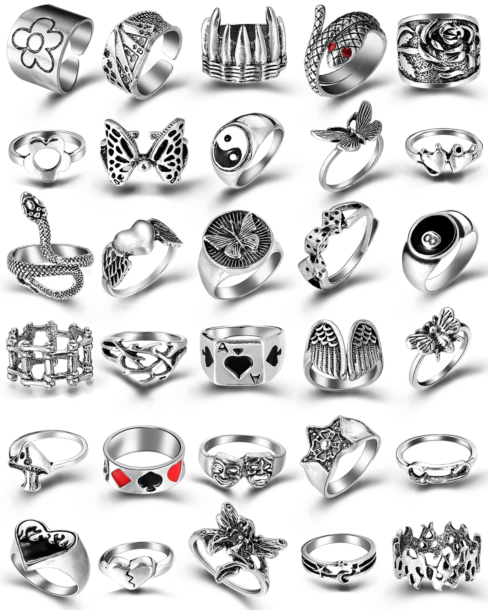 Silver Goth Punk Rings Set for Men Girls Women, Cool Gothic Ring Pack, Vintage Stackable Animal Rings Bulk, Boho Chunky Knuckle Emo Rings, Open Snake Butterfly Ace Eboy Y2K Accessories (31 pcs)