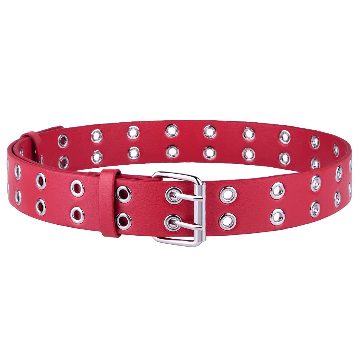 moonsix Leather belt for Man for Women, Hole Belt Double Grommet Twin Prong 1.5 inch width, Red