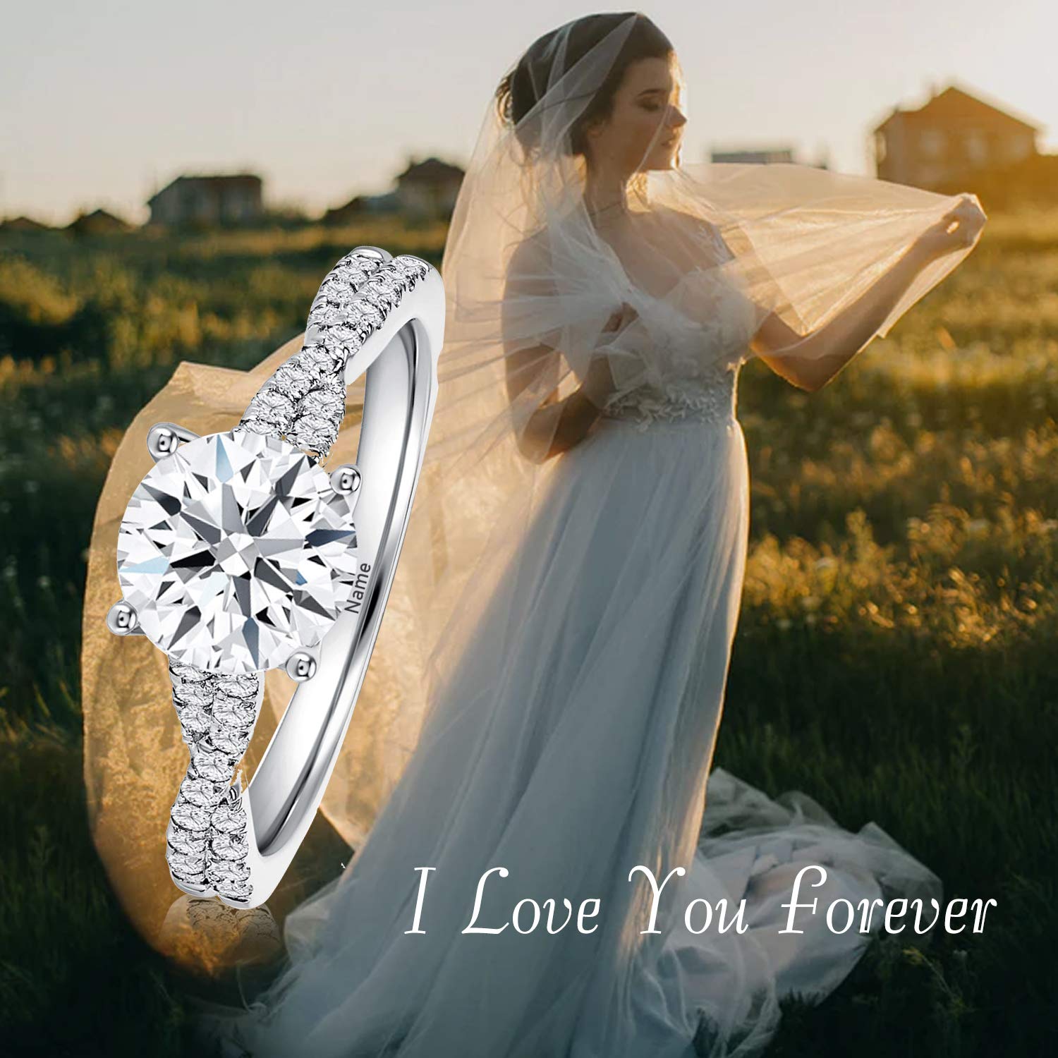 SISGEM 18K 14K 10K Real Gold Engagement Ring for Women,Split Shank Pave Set 1.5 Carat(CTW) Moissanite Wedding Ring With Engraved Name (14K, white-gold)