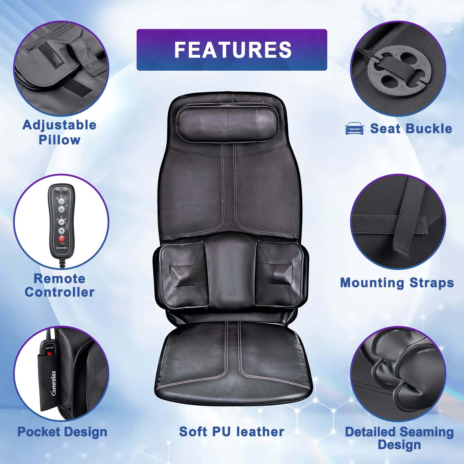 SLOTHMORE Back Massager Pad Vibrating Back Massager, Height-Adjustable Massage Chair Pad for Home Office Use, 3 Modes & 3 Intensities to Compress and Relieve Massagers for Neck and Back, Soft Leather