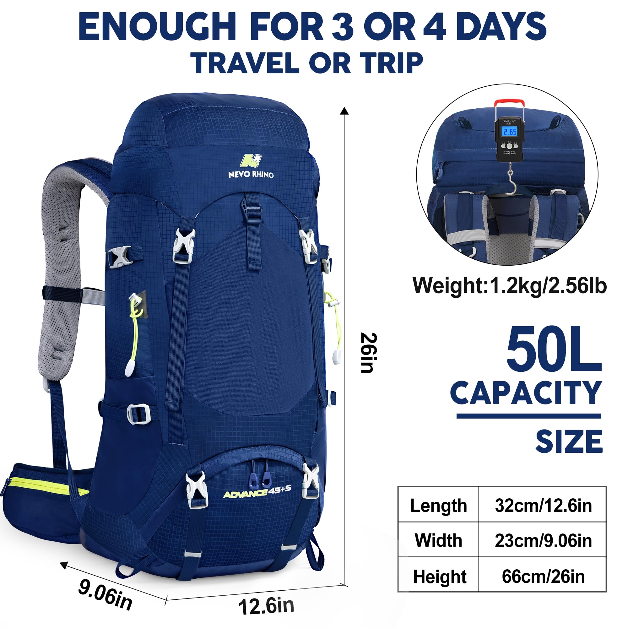 N NEVO RHINO Internal Frame Hiking Backpack 50/60/65/70/80L, Mountain Climbing Camping Backpack Daypack Waterproof Rain Cover