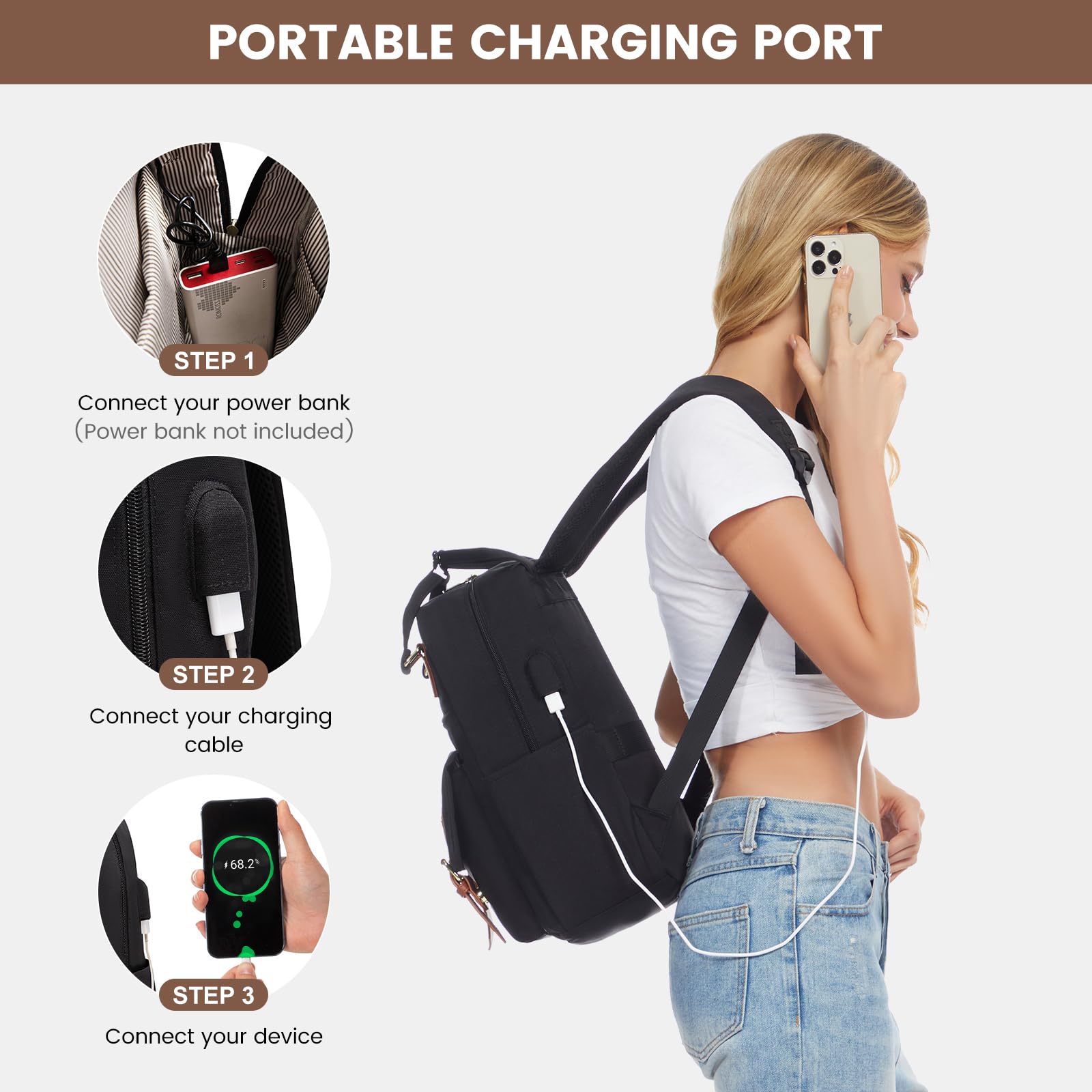LOVEVOOK Backpack Purse for Women,Cute Waterproof Small Backpack with USB Port,Fashion Mini Backpack Casual Daypack for Travel College Work Daily,Black-Brown