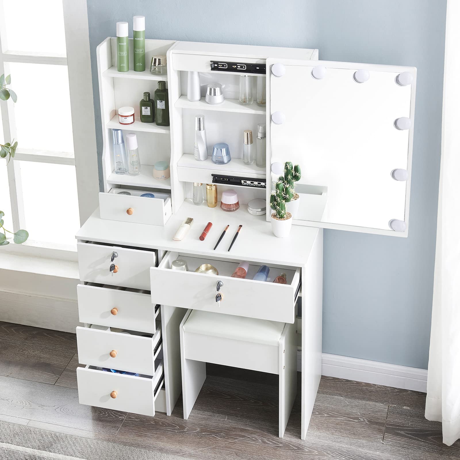 Makeup Vanity with Lights and Mirror, White Vanity Table with 5 Drawers and Chair, Makeup Vanity Set, Modern Dressing Table for Girls Bedroom