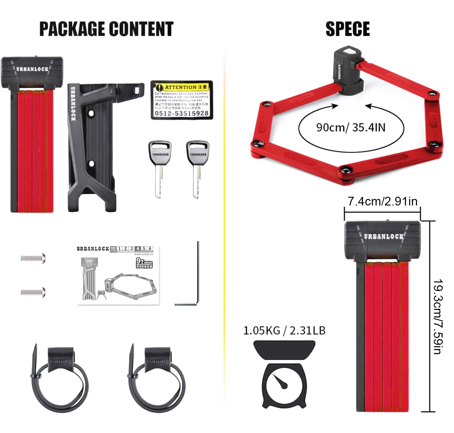 Premium Hardened Steel Bicycle Lock with Enclosed Lock Head Design Provides The Ultimate Protection Against Lock Picking, Electric Drills, Hammers, and Bolt Cutters (Red)