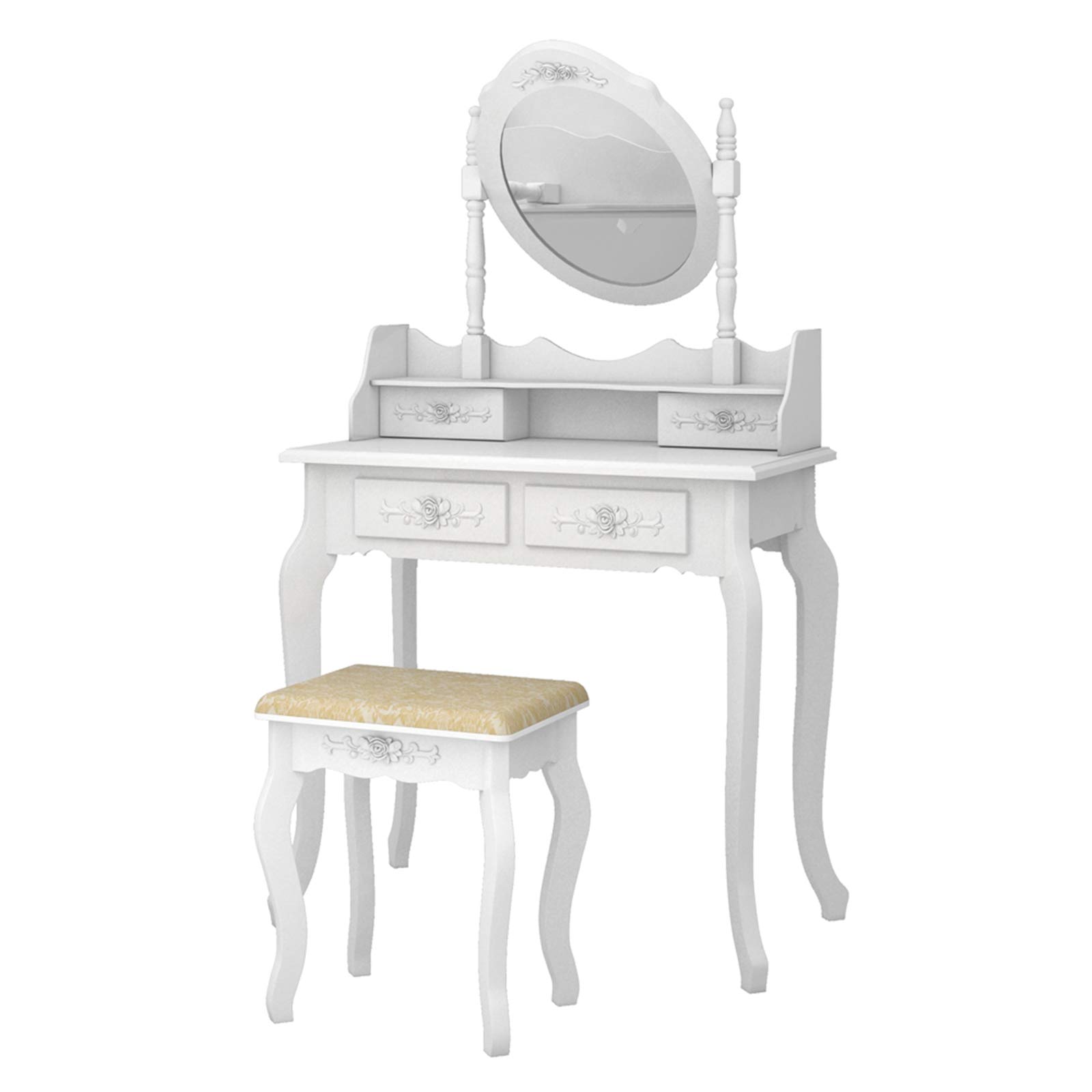 Makeup Vanity with Mirror, Vanity with 4 Drawers with Cushioned Stool for Women Girls, 360-Degree Rotation Removable Mirror Dresser Vanity Table Set with Storage Drawer & Chair