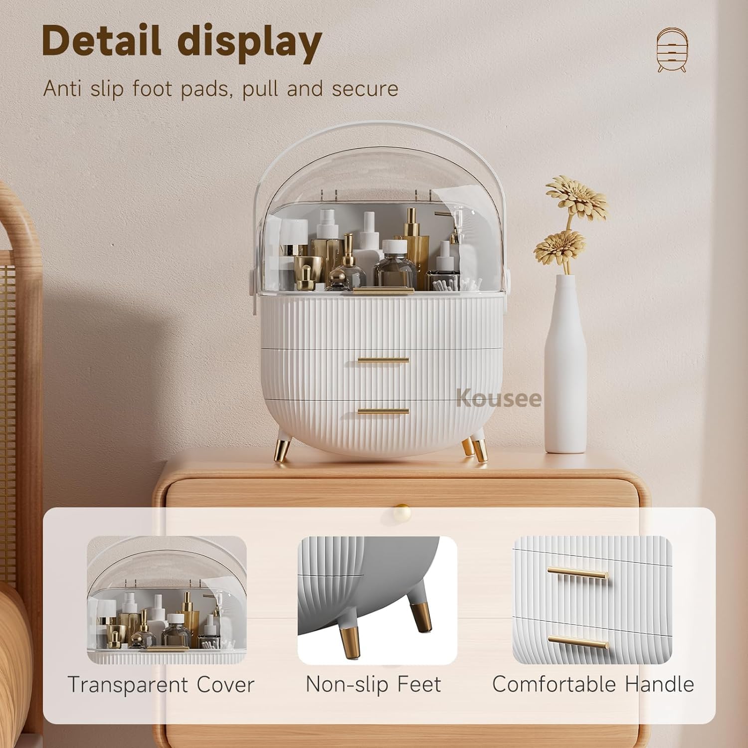 Makeup Storage Organizer, Skincare Organizers Cosmetic Display Case with Dust Free Cover Portable Handle, Waterproof Makeup Box for Vanity Countertop Bathroom Dresser- White