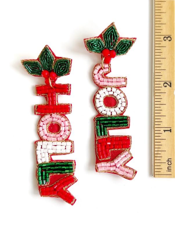 Miracle Collection Beaded Embellish Fun Christmas Tree, Candy Cane, Ho Ho Ho, Holy Jolly, Merry Bright Earrings for Christmas and Holidays (Holly Jolly)