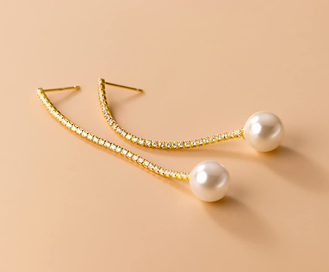 SLUYNZ 925 Sterling Silver Pearl Dangle Earrings Chain for Women Long CZ Dangling Earrings Pearl Drop (B-Gold Plated)