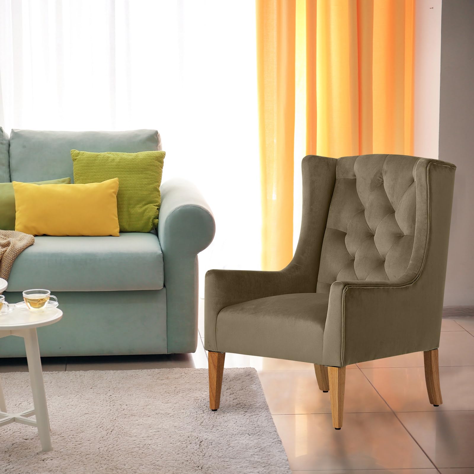 LOVSPATIO Mid-Century Accent Chair,Button Tufted Velvet Armchair with High-Back Rest,Big Cushioned Seat and Solid Wood Legs for Living Room Bedroom (Light Brown)