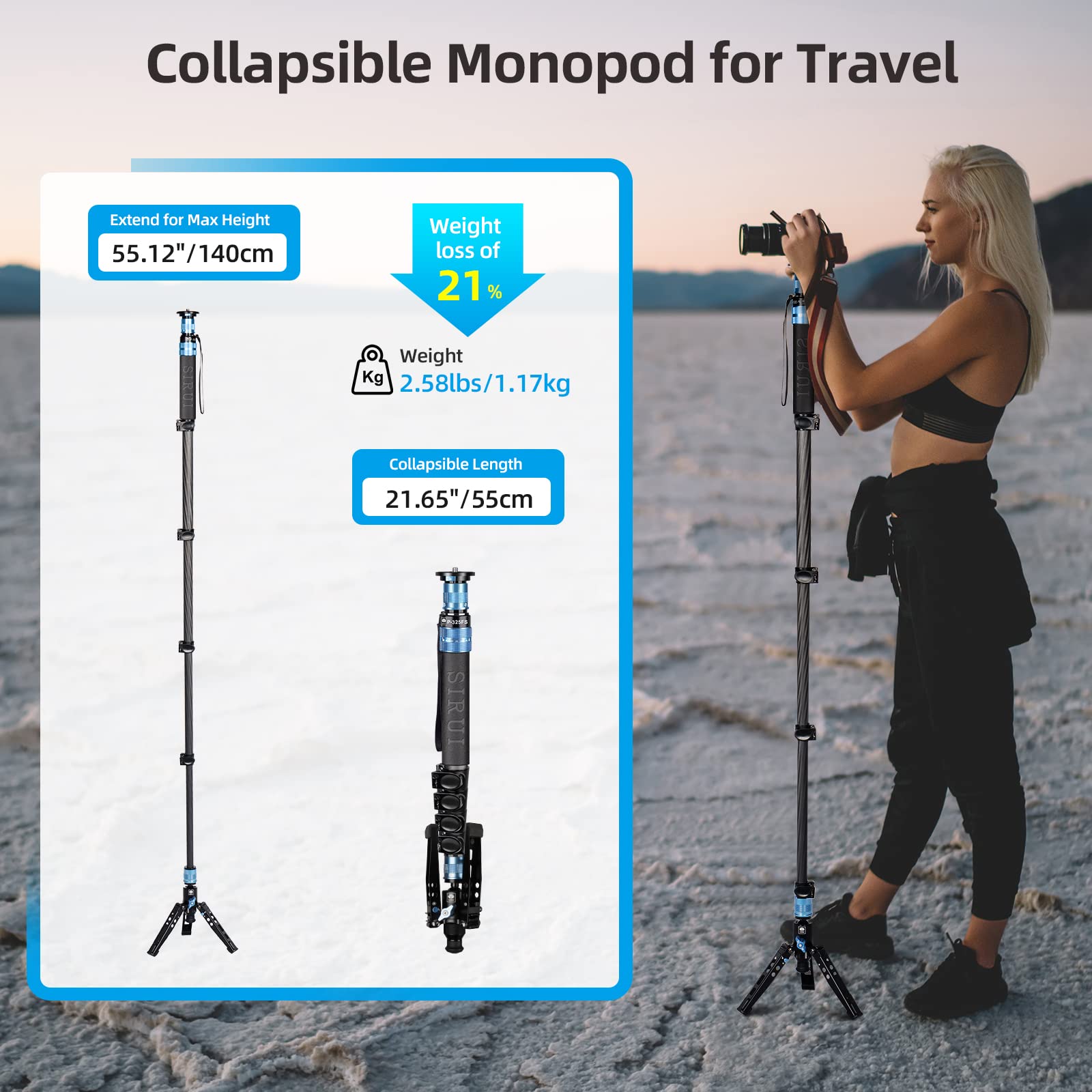 SIRUI P-325FS Monopod with Feet, 55" Carbon Fiber Monopod for Cameras, Professional Lightweight Travel Monopod, Max Load 22lbs, 360° Panorama, 5-Section, Quick Release Plate