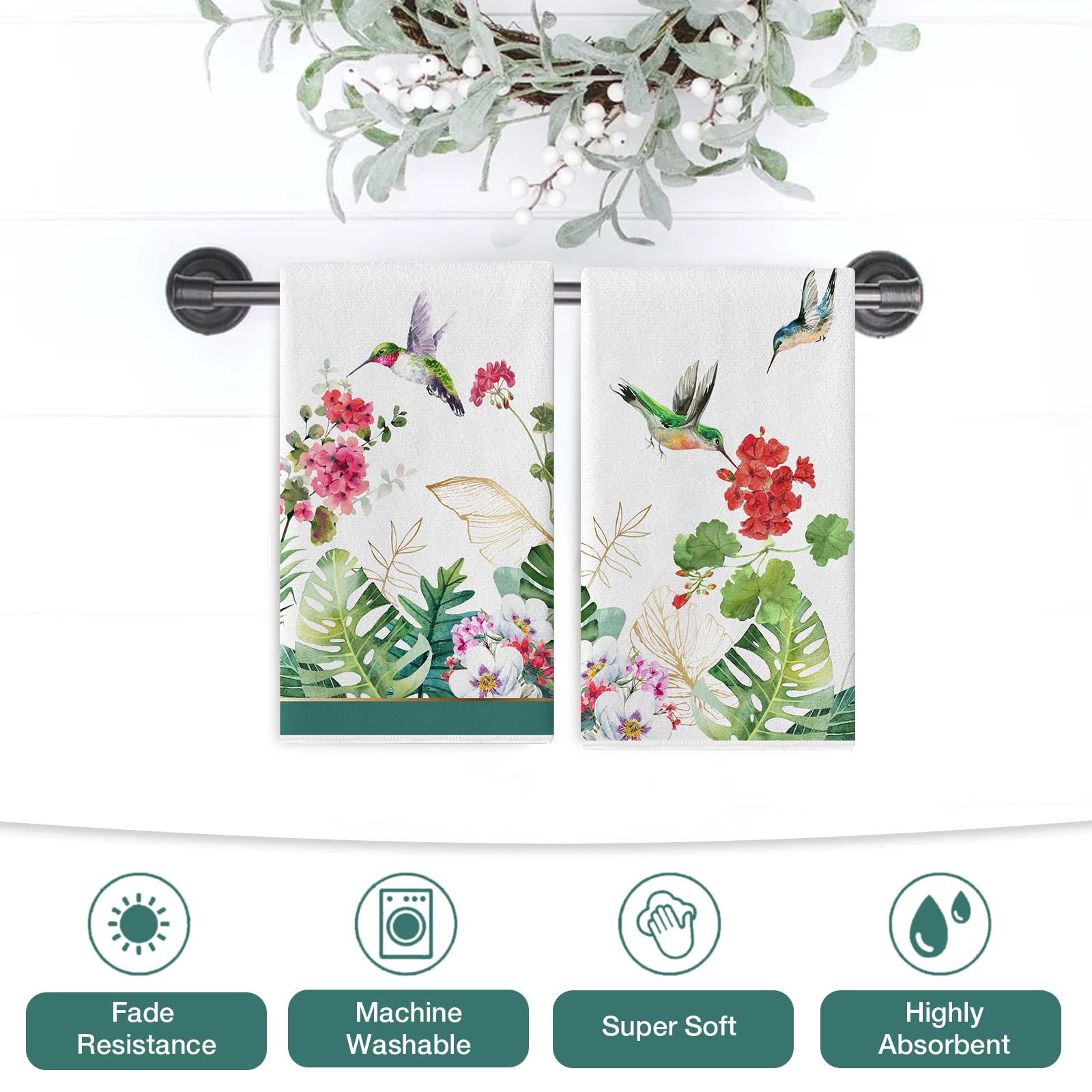 Seliem Summer Hummingbird Geranium Flower Bird Kitchen Dish Towel 2 Pack, Tropical Palm Leaf Monstera Plant Floral Hand Drying Baking Cloth, Spring Botanical Greenery Green Decor Home Decoration 18x26