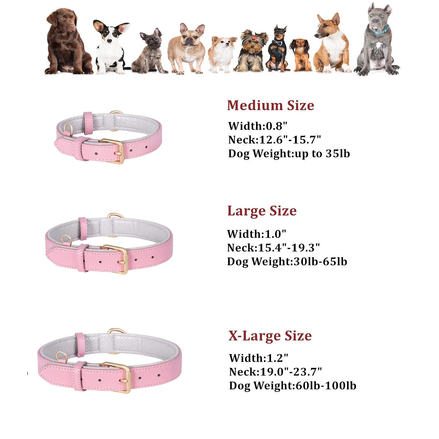 Poohoo Genuine Leather Dog Collar Soft & Breathable PU Leather Padded Metal Hardware Rust-Proof Heavy with Duty Dog Tag Ring for Medium Large X-Large Dogs (Medium, Pink)