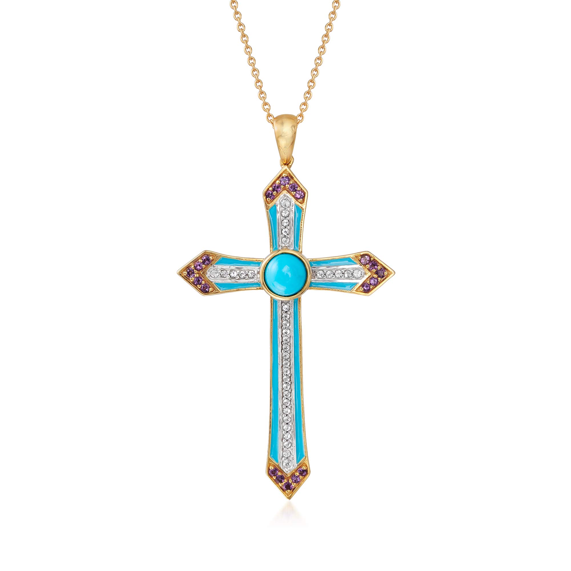 Ross-Simons Turquoise, 30 ct. t.w. Amethyst and .30 ct. t.w. White Topaz Cross Pendant Necklace With Enamel in 18kt Gold Over Sterling. 18 inches