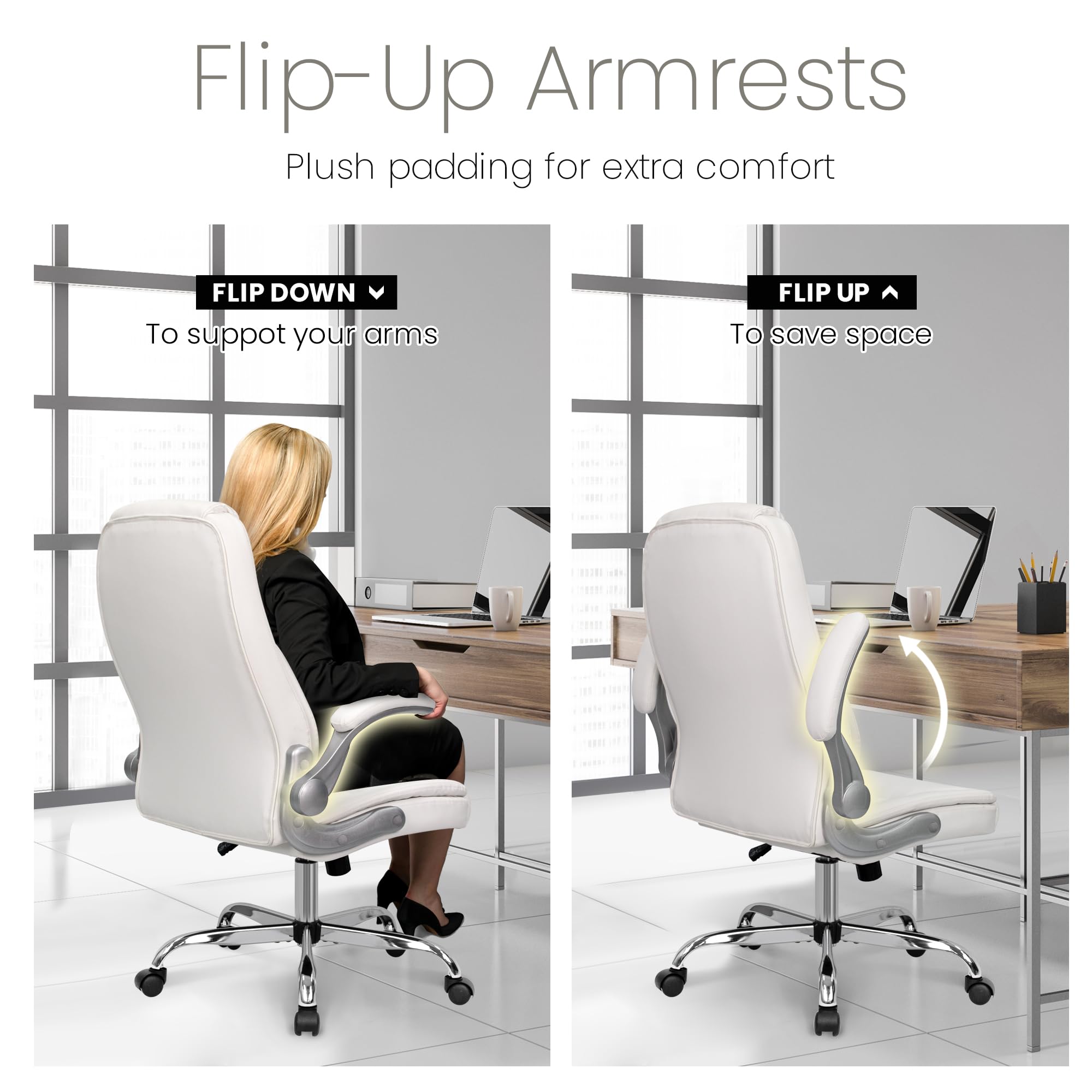 NEO CHAIR Ergonomic Office Chair PU Leather Executive Chair Padded Flip Up Armrest Computer Chair Adjustable Height High Back Lumbar Support Wheels Swivel for Gaming Desk Chair (White)