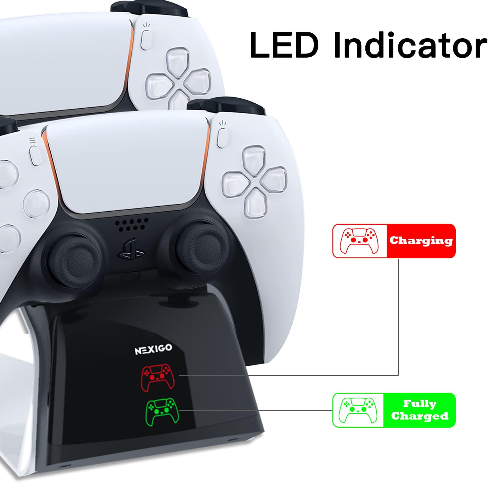 NexiGo Enhanced PS5 Controller Charger, Charging Dock Station for PlayStation 5 Dualsense Controllers with LED Indicators, Fast Charging Station with Safety Chip Protection, White