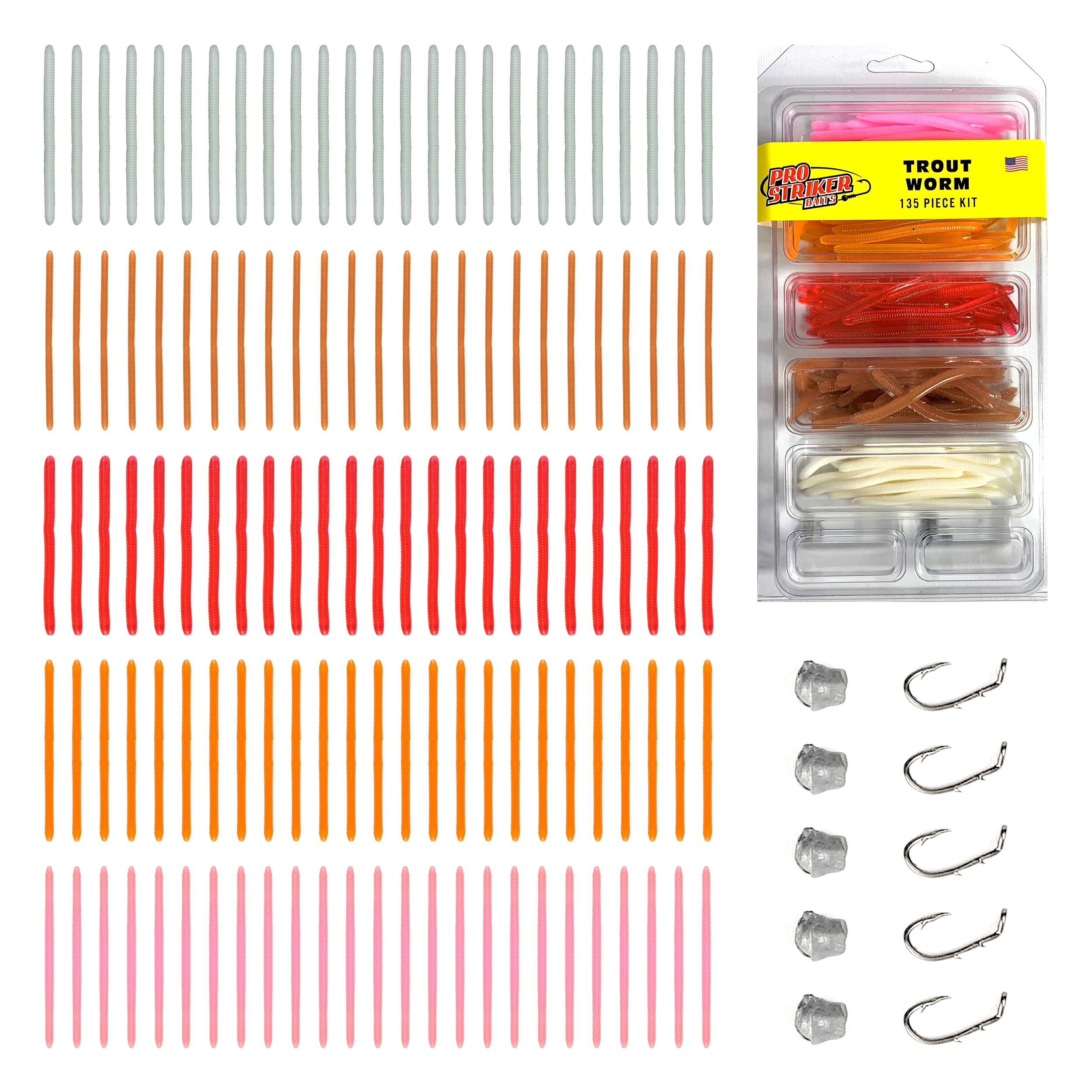 Tackle HD Pro Striker Trout Worm 135-Piece Soft Plastic Fishing Lure Kit with Hooks and Weights