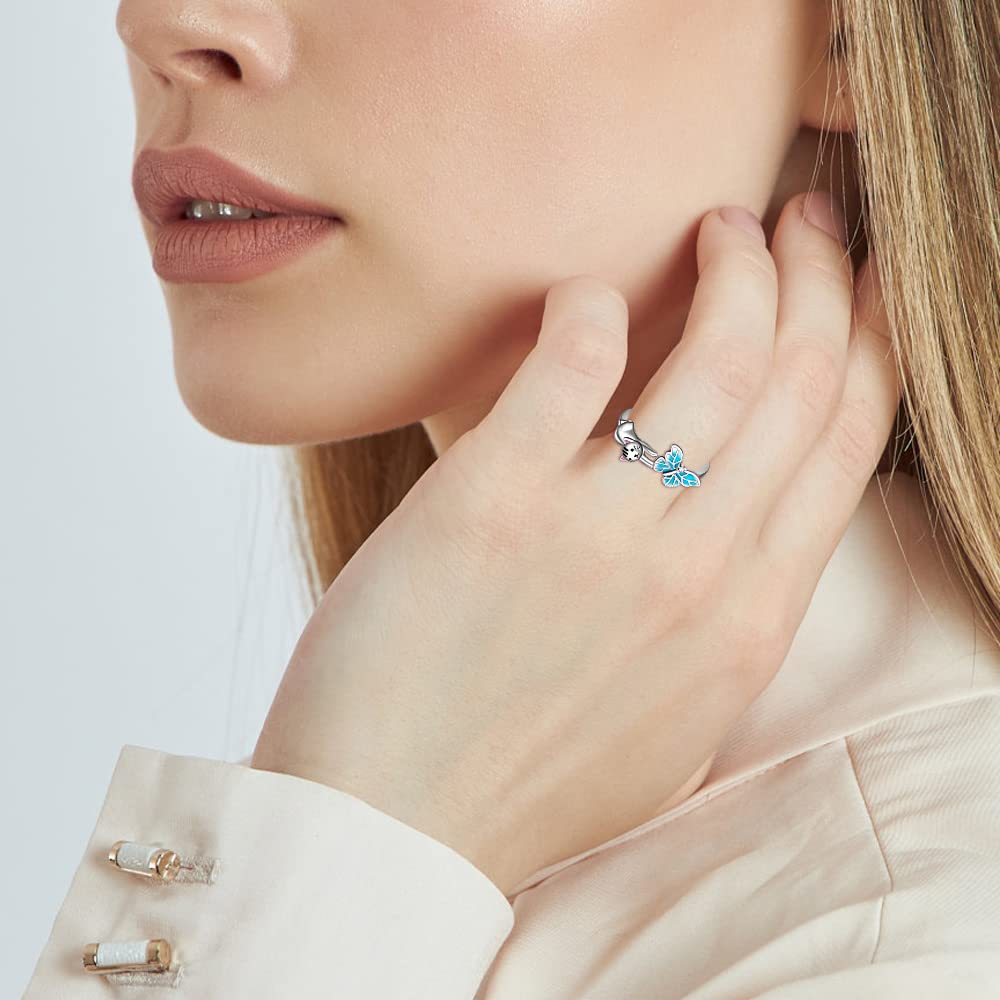 Women Cat Ring 925 Sterling Silver Cat Wrap Around Ring Butterfly Rings for Women Cat Crazy Kitty Jewelry Size 8