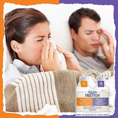 Mucinex FreeFrom Cold and Flu Daytime and Nighttime, Multi-Symptom Relief, Cherry, 6 Fl Oz (Pack of 2)