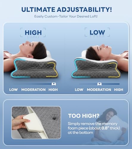 No More Aches Neck Pillow for Pain Relief, Adjustable Cervical Support with Armrest, Odorless Ergonomic Contour Memory Foam Pillows,Orthopedic Bed Side Back Stomach Sleeping