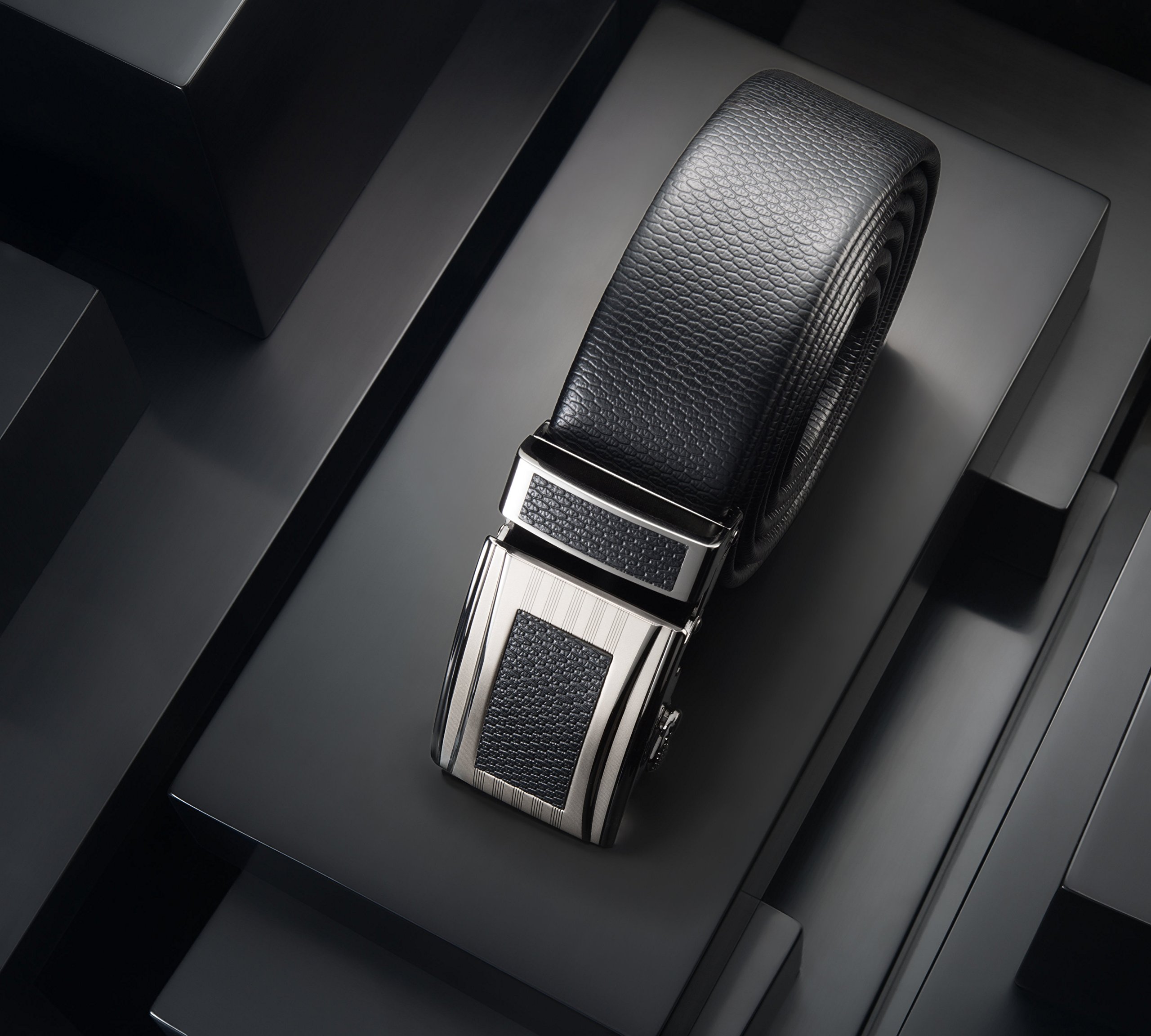 Mio Marino Classic Ratchet Belt - Premium Leather - 1.38 Wide - Adjustable Buckle - Matrix - Jet Black - Adjustable from 28" to 44" Waist