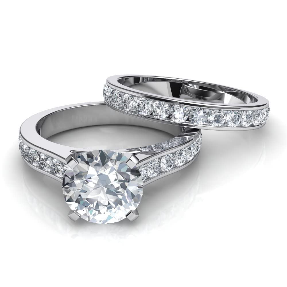 PREVELI 1.0ct-2.0ct Moissanite Channel-set ENGAGEMENT RING & WEDDING BAND BRIDAL SET in Platinum Plated Silver SIZE 5.5