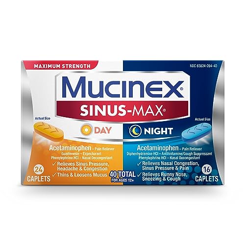 Mucinex Sinus-Max Maximum Strength Day and Night, Sinus Symptom Relief, 40 Count