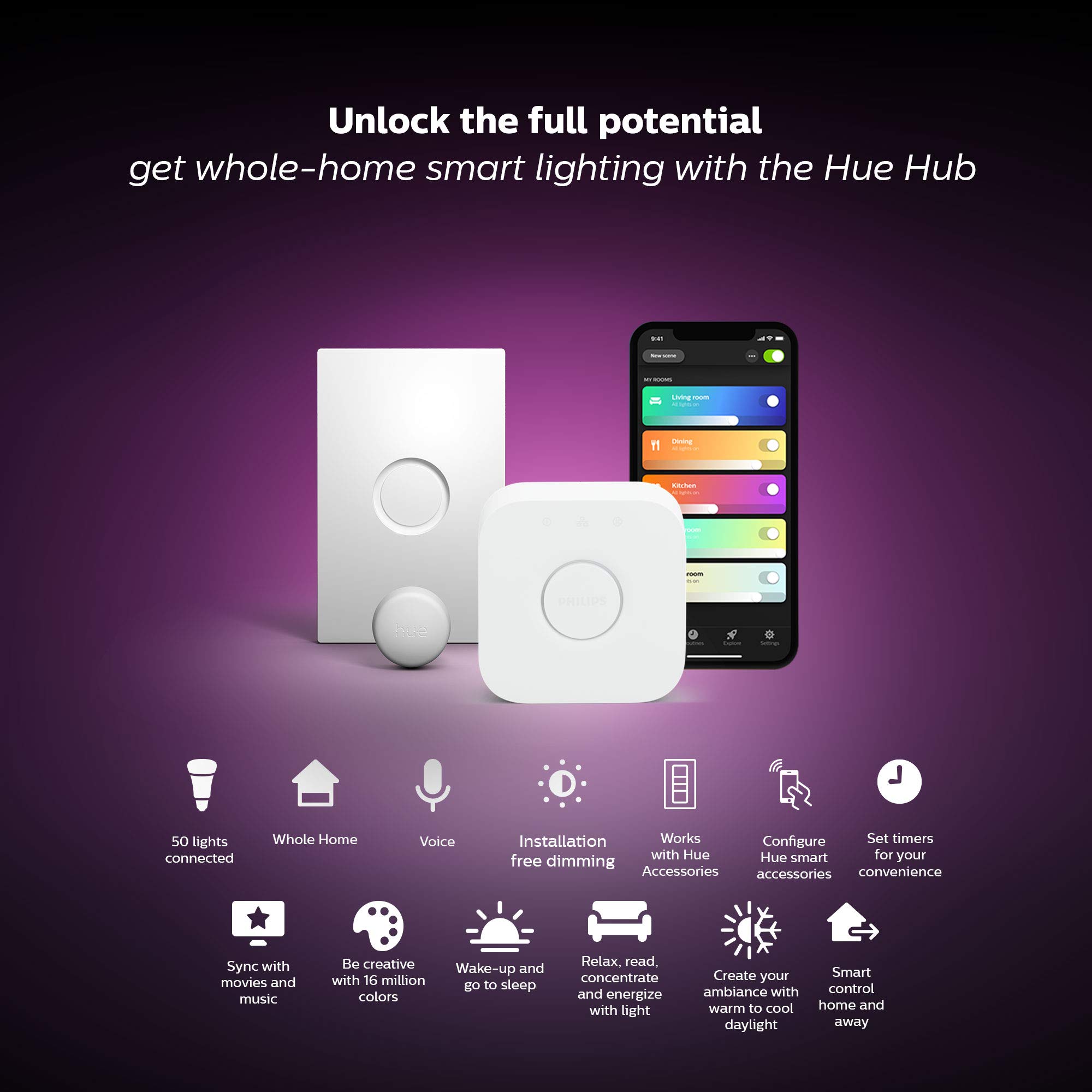 Philips Hue White and Color LED Smart Button Starter Kit White and Color Ambiance A19 LED Smart Bulb