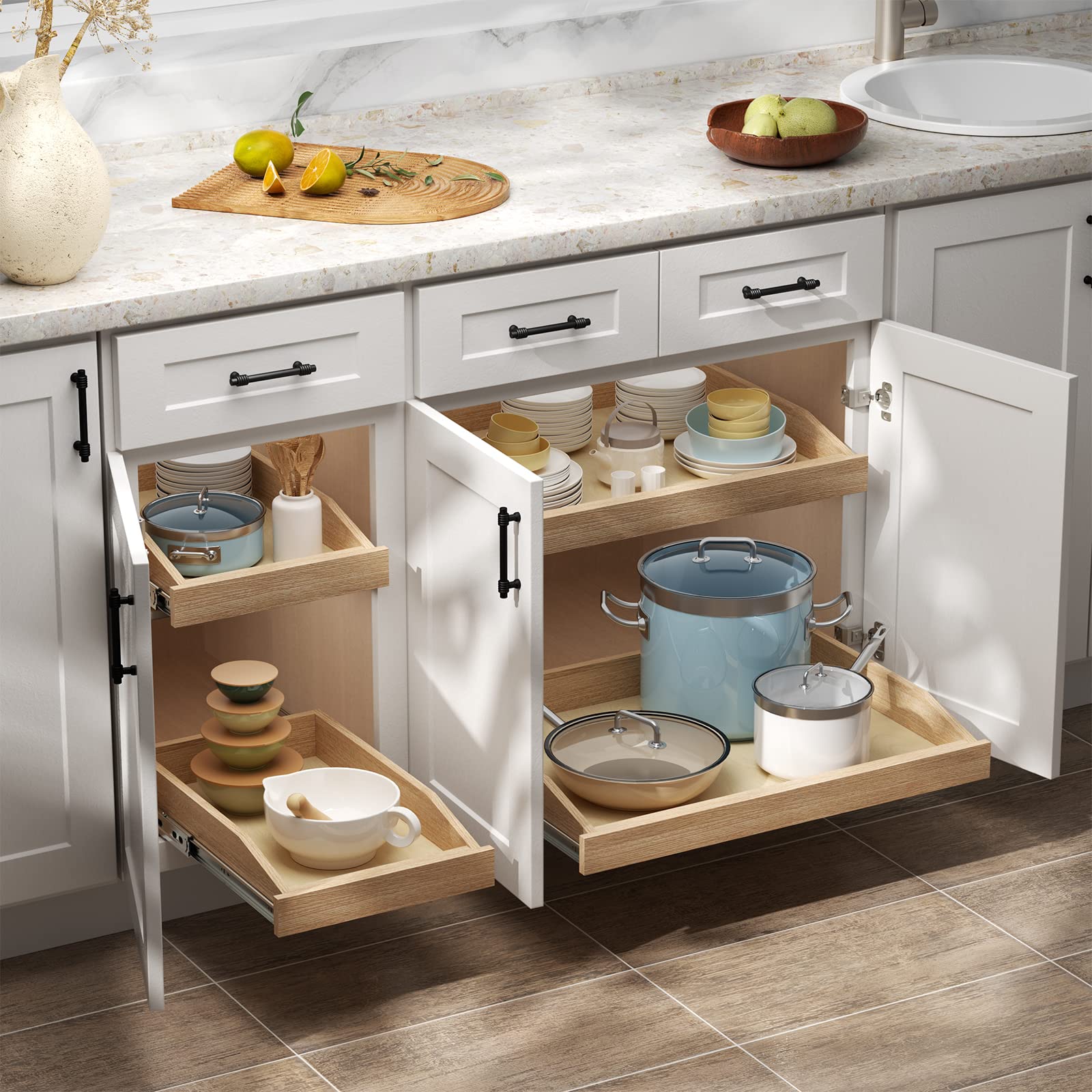 LOVMOR Single Pull Out Cabinet Organizer 16½”W x 21”D, Soft Close Slide Out Drawer Storage Shelves for Kitchen, Wood Cabinet Shelf Pull-Out Organizer Storage for Base Cabinet