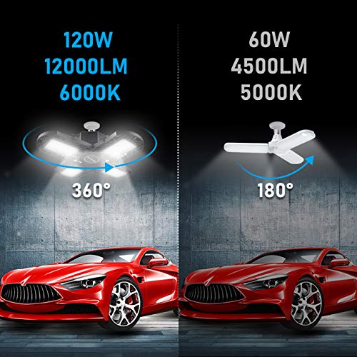 MUIZLUX 120W LED Garage Light 12000Lumens E26/E27 Deformable Garage Ceiling Light, With 4 Adjustable LED Panels 360°, CRI 80+, 6000K Nature Light, Fits for Garage, Basement, Barn, Warehouse