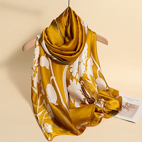 Qyx Women's Fashion 100% Mulberry Silk Large Scarf-Lady Long Designer Flower Pattern Satin Shawl Wraps for Gift (Tulip-Yellow)