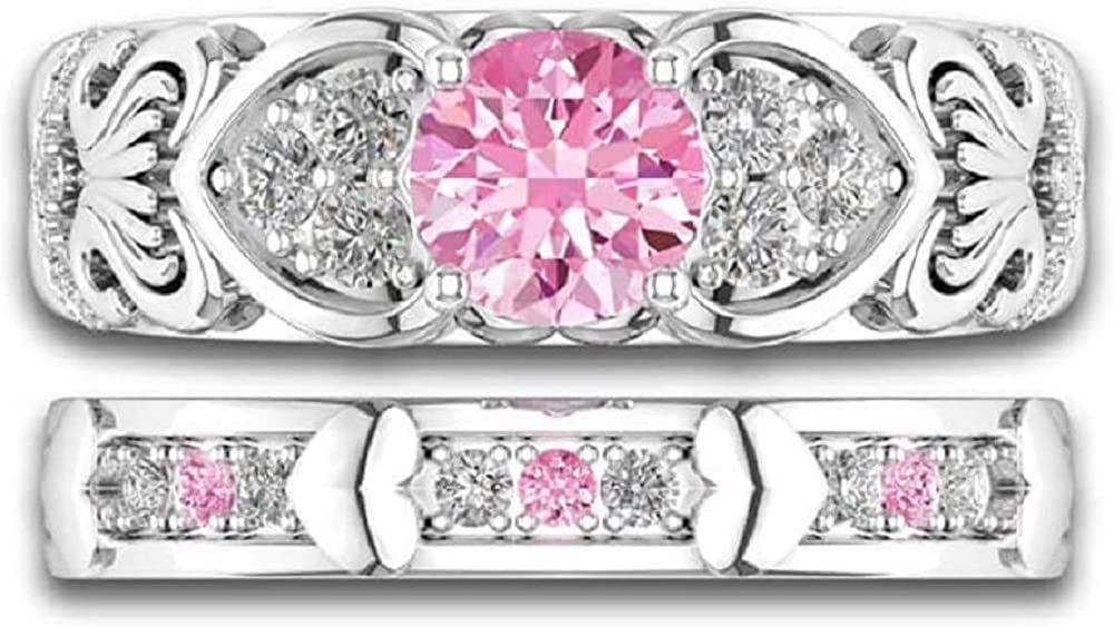 TVS-JEWELS 0.75Ct Round Cut Pink Sapphire & Diamond Flower Inspired Wedding Bridal Ring Set 14k White Gold Finish (10)