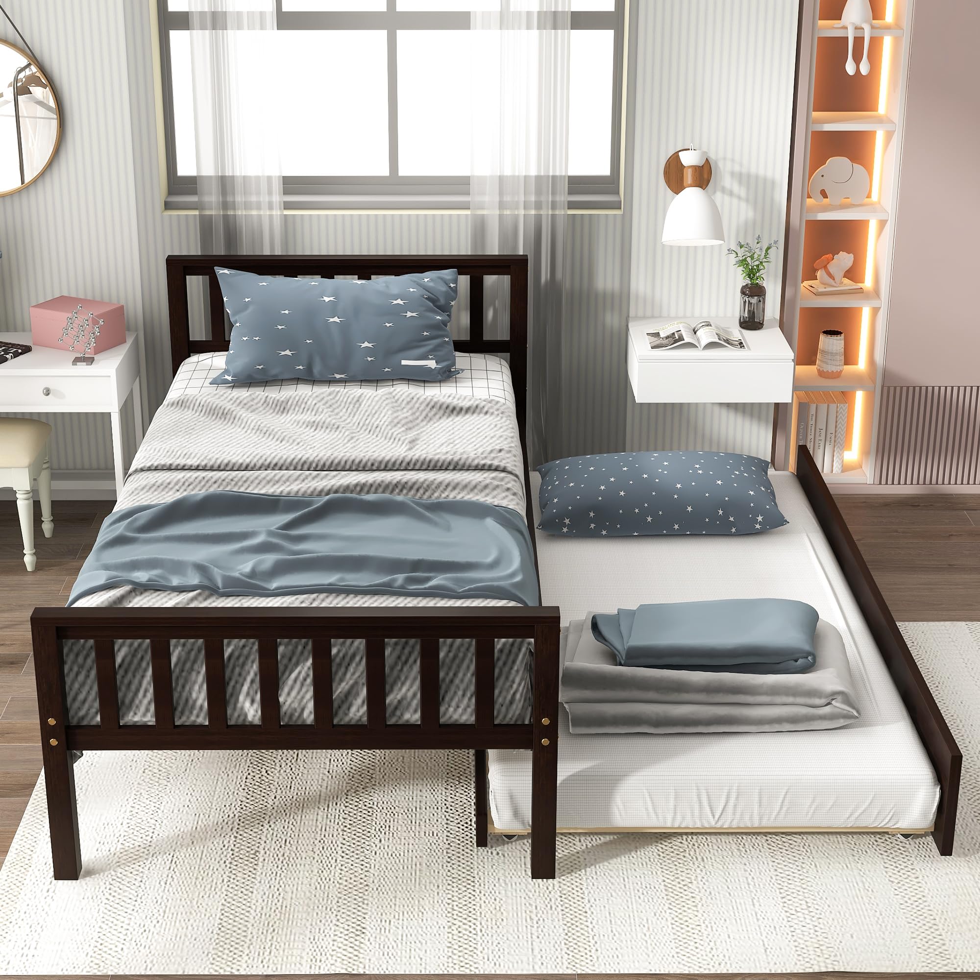 Lifeand Twin Bed with Trundle, Platform Bed Frame with Headboard and Footboard, for Bedroom Small Living Space,No Box Spring Needed,Espresso