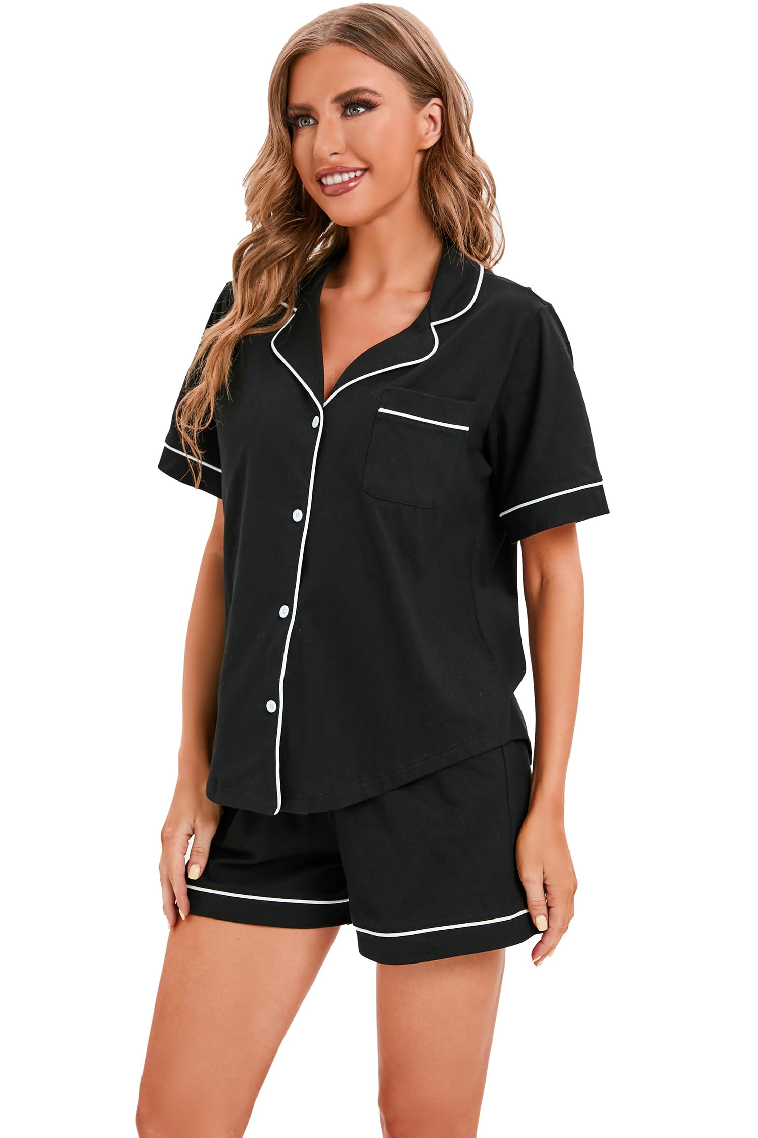 LUBOT 100% Cotton Women's Pajamas Set Short Sleeve Button-Down Shirt PJ Two-piece Shorts Set Summer Night Suit Sleepwear Loungewear (Black, M)