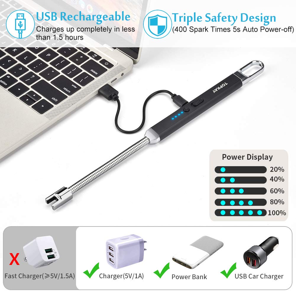 Lighter, Candle Lighter, Electric Lighter, Windproof USB Rechargeable Electronic Plasma Arc Lighter with Safety Lock, LED Battery Indicator, Long Flexible Lighter for BBQ, Grill, Fireworks (Black)