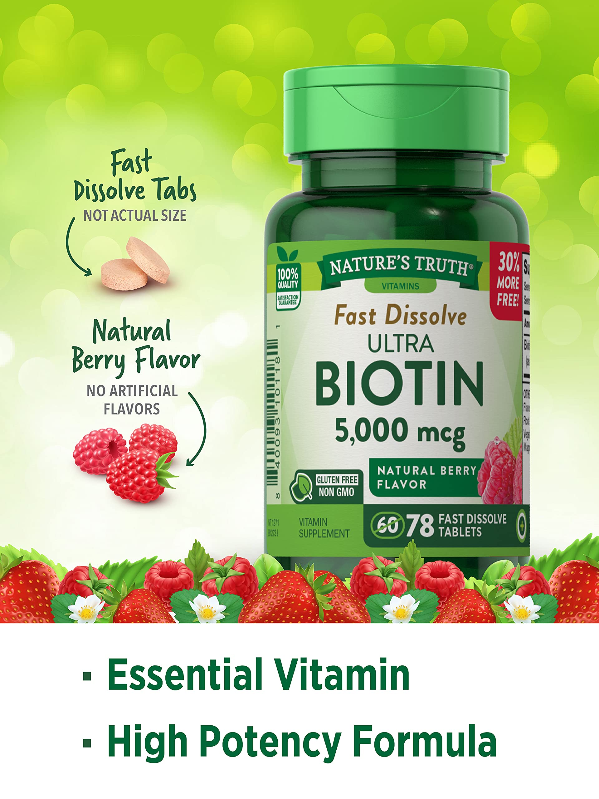 Nature's Truth Ultra Biotin 5000mcg | 78 Fast Dissolve Tablets | Hair Skin and Nails Supplement | Natural Berry Flavor | Vegetarian, Non-GMO, Gluten Free
